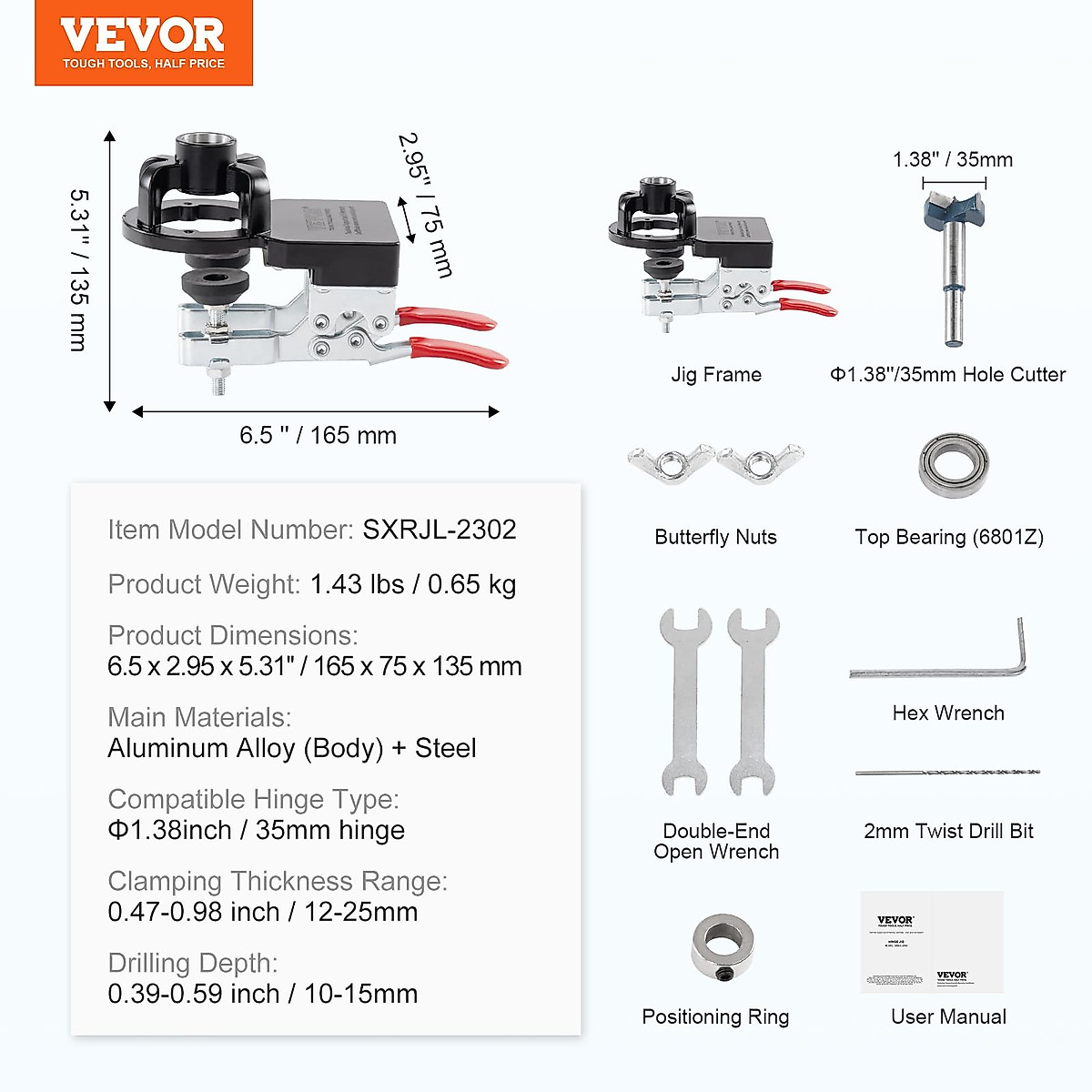 VEVOR 35 mm Concealed Door Hinge Jig, Aluminum Alloy Cabinet Hinge Jig, Accurate Locking Dual Clamp Fixation Hinge Drill Jig with Accessories, Woodworking Tool for Doors Cabinets Hinges Mounting