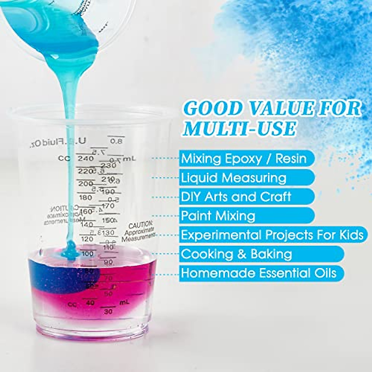 100 PACK Plastic Measuring Cups, 8 oz Disposable Mixing Cups with 100 Wooden Mixing Sticks, Can Be Used for Epoxy Resin, Liquid Measuring, Paint Mixing, Cooking and Baking