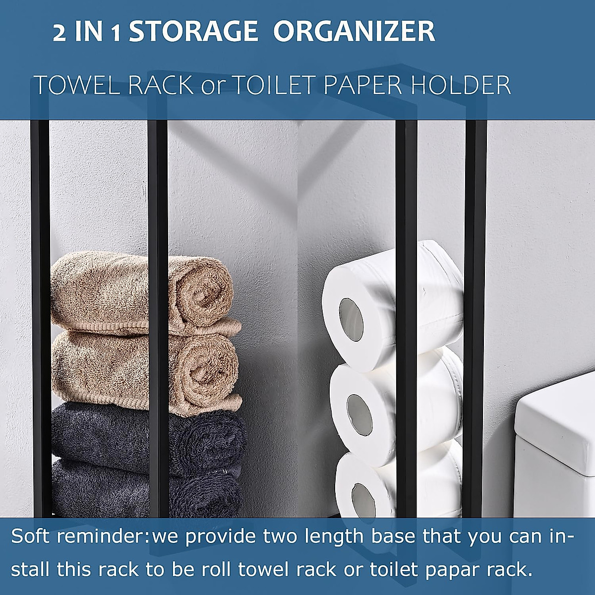 2 in 1 Modern Towel Rack for Rolled Towels,Towel Storage Rack for Bathroom or Toiled Paper Organizer,Premium Aluminum Matte Black Bath Towel Holder,Easy to Install