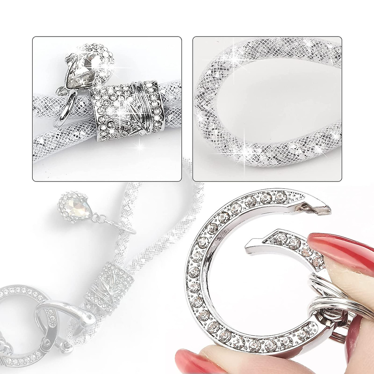 Jawmoy Pack-1 Bling Car Keychain, Rhinestones Keychain Accessories, Metal Crystal Key Chain Ring (Silver)