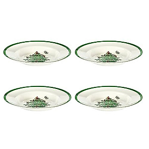 Spode Christmas Tree 9" Soup Plate (Set of 4) - Stoneware Soup Bowls with Festive Tree Design & Green Rim, Ideal for Serving Soup, Pasta, Salad - Microwave & Dishwasher Safe Holiday Dinnerware