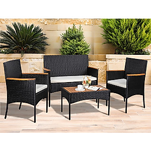 JAMFLY Patio Furniture Set 4 Piece Conversation Set Outdoor Wicker Rattan Chairs Backyard Pool Garden Porch Balcony Patio Loveseat with Cushions and Table, Black/Beige