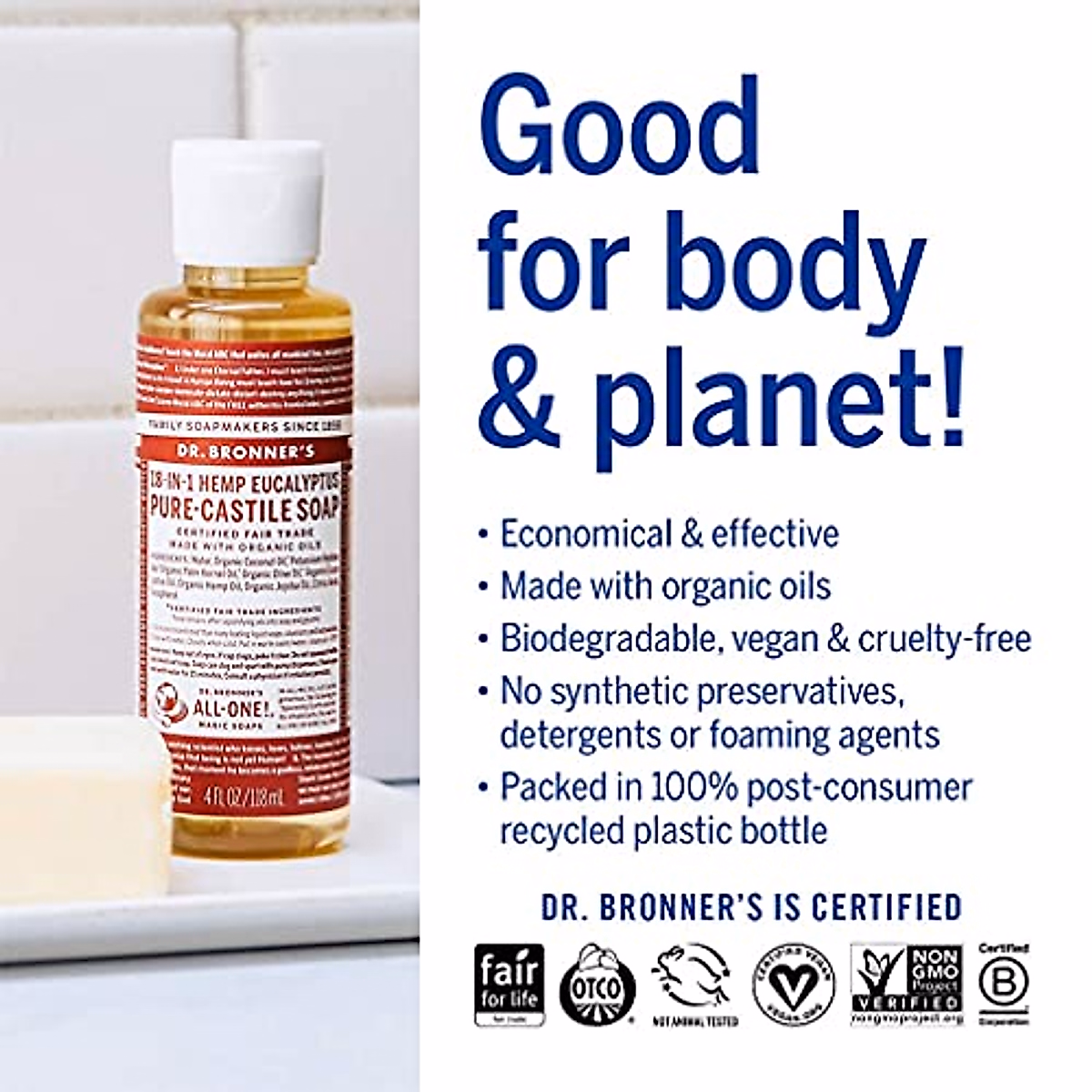 Dr. Bronner’s - Pure-Castile Liquid Soap (Eucalyptus, 8 ounce) - Made with Organic Oils, 18-in-1 Uses: Face, Body, Hair, Laundry, Pets and Dishes, Concentrated, Vegan, Non-GMO