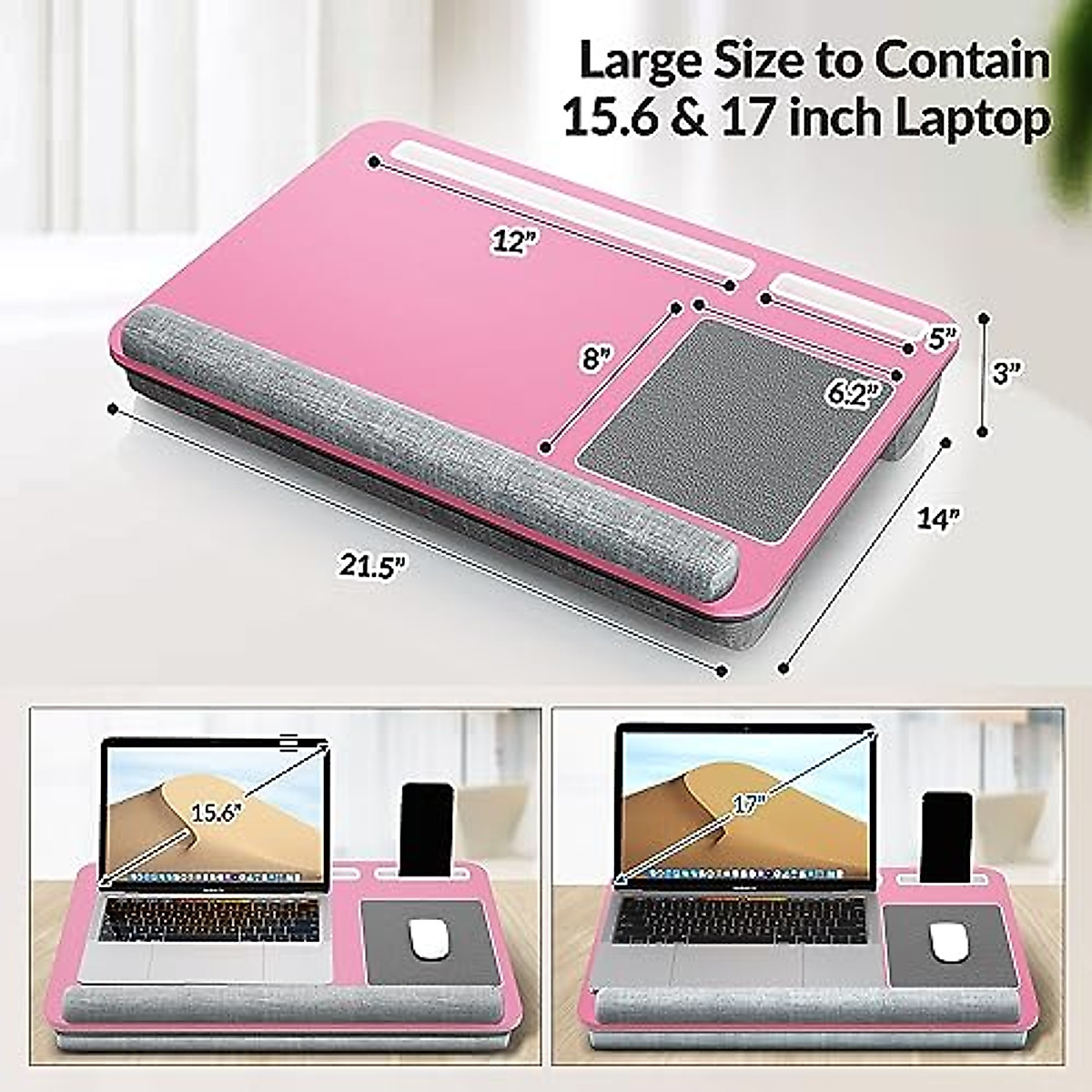 Gimars Home Office Lap Desk Fits up to 17 Inches Laptop with Dual Cushion,Wrist Rest, Built-in Mouse Pad, Tablet Phone Holder and Storage Drawer, Pink
