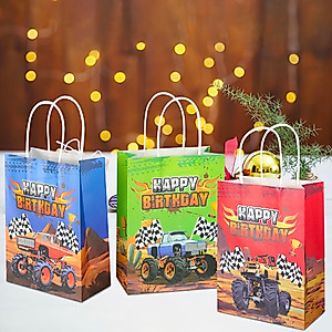 GITMIWS 24 Pack Monster Truck Paper Gift Bags with 24pcs Tissue Paper, Truck Party Favor Bags with Handles, Monster Truck Treat Bags for Kids Boys Birthday Party Goodie Bags, Party Supply Decoration