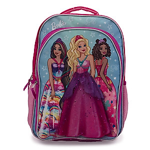 Barbie & Friends Cosplay Backpack, Girls Bookbag with Adjustable Shoulder Straps & Padded Back, 16” School Bag w/3D Skirt and Metallic Fabric Tiara.