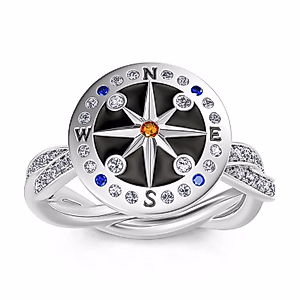 Jeulia Sterling Silver Rotating Ring Compass for Women Men Diamond Solitaire Engagement Ring Romantic Anniversary Engagement Jewelry Gifts (Life's Journey, 10)