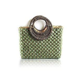 QTKJ Women Summer Retro Straw Bag with Zip Hand-woven Beach Handbag Top Round Handle Boho Tote Bag Shopping and Travel Large Bag (Green)