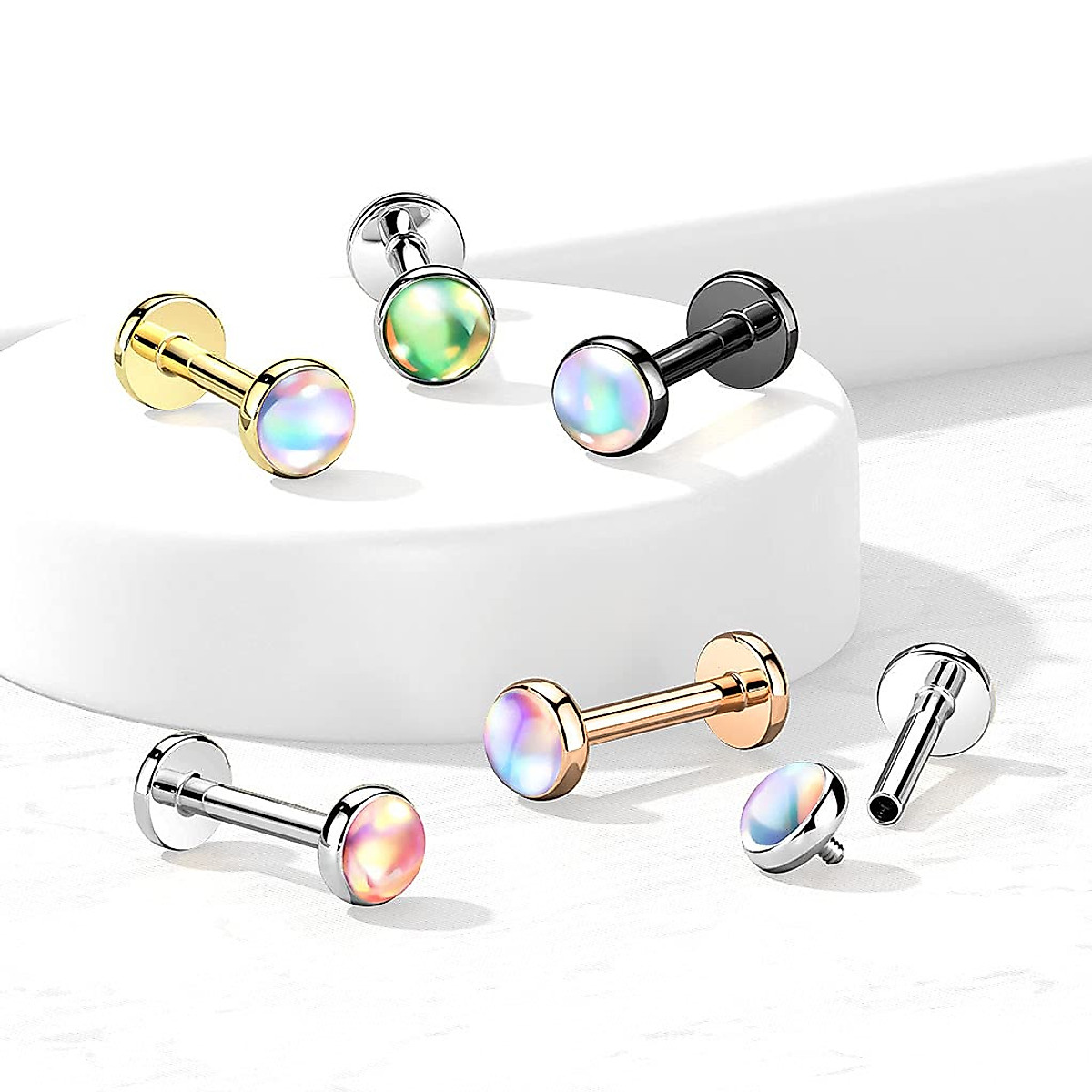 Amelia Fashion 16 Gauge Iridescent Stone Top on Internally Threaded 316L Surgical Steel Flat Back Studs for Labret, Monroe, Cartilage and More (Clear | L.516 inch (8mm) | Ball: 4mm), Clear,Rose Gold