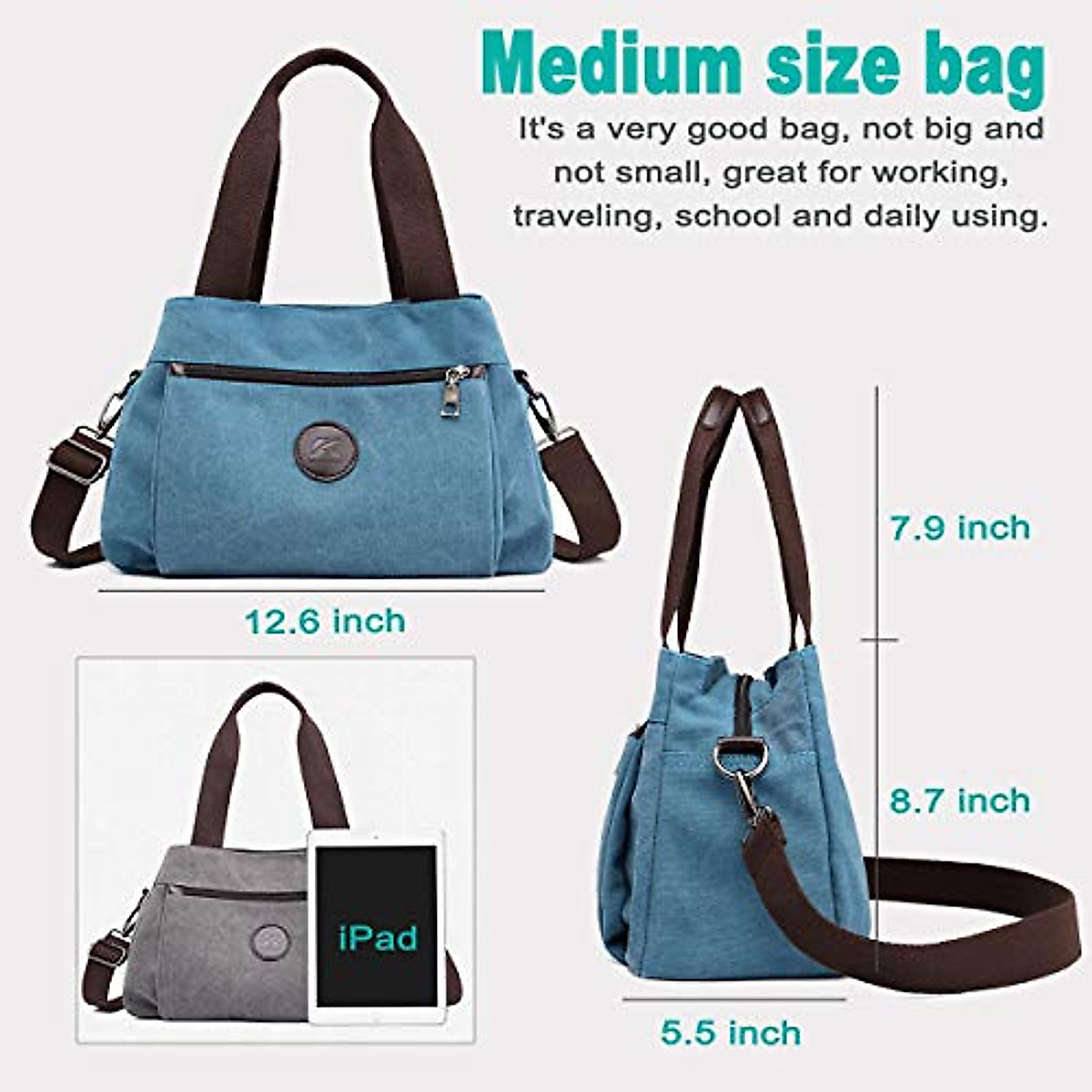 DOURR Hobo Handbags Canvas Crossbody Bag for Women, Multi Compartment Tote Purse Bags (Blue - Medium)