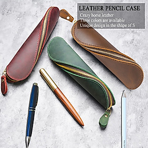 PTGMH Leather Pencil Case Crazy Horse Leather Zipper Pencil Pouch S Shape Pen Holder and Organizer Pencil Bag Leather Pen Case for Office