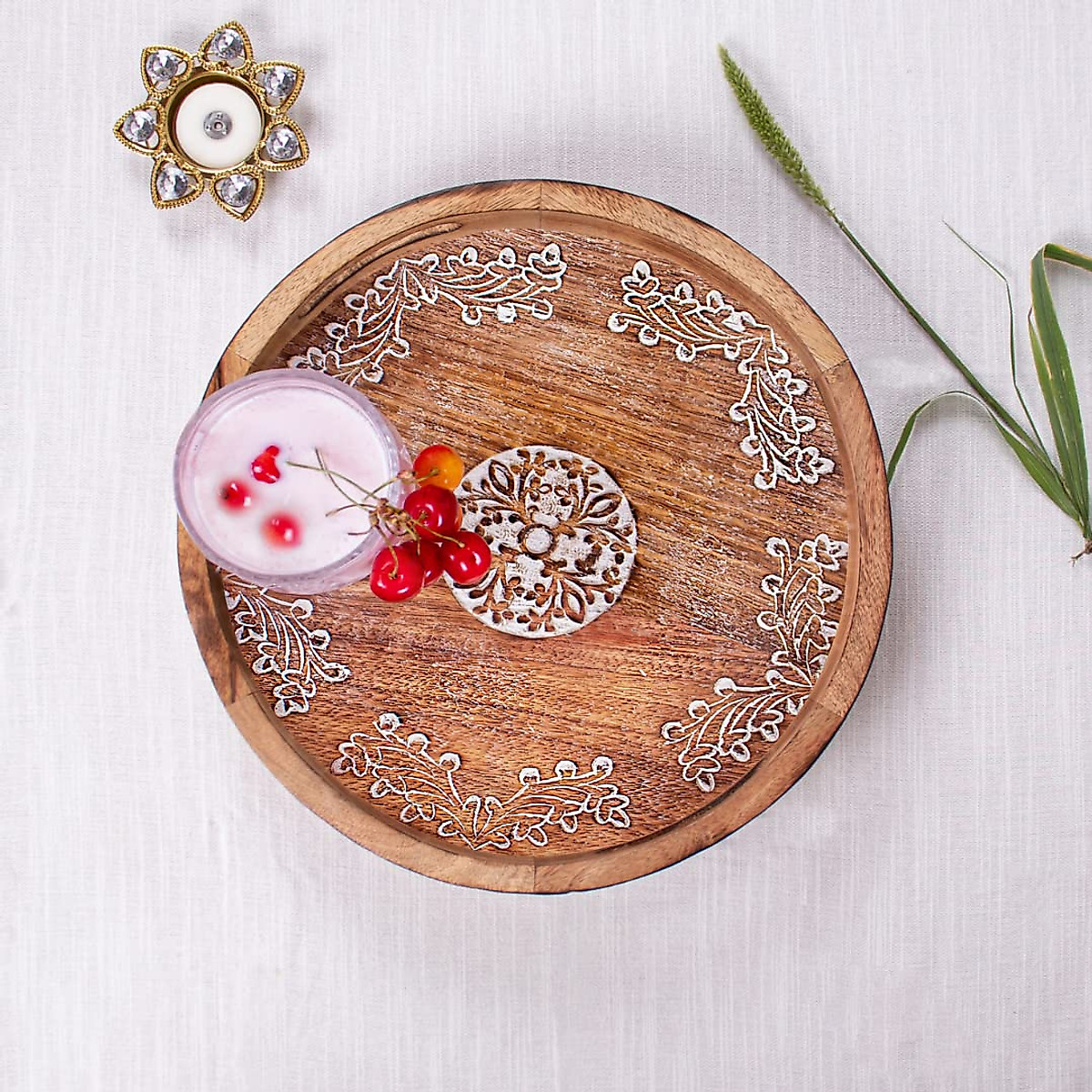 ARIJA Rustic Round Wooden Trays,Serving Tray with Handles - Food Serving Trays Ottoman Tray for Living Room- Rustic Home décor, Boho Décor Serving Tray Size 12 inch