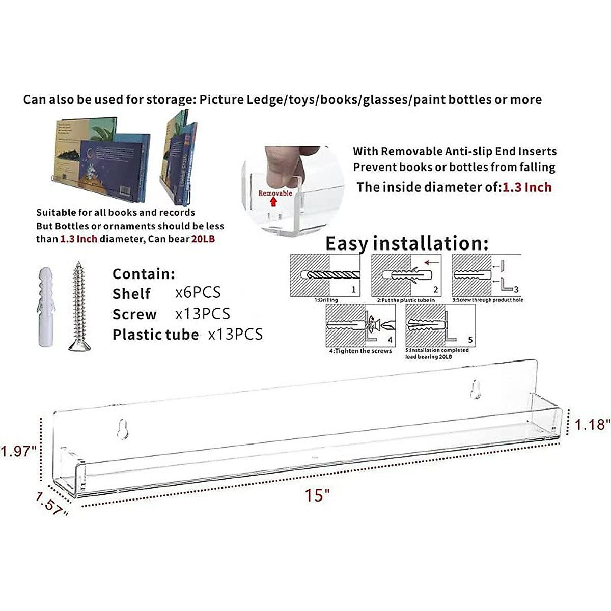 15 Inch Invisible Acrylic Floating Wall Ledge Shelf,Wall Mounted Nursery Kids Bookshelf, Invisible Spice Rack, Clear 5MM Thick Bathroom Storage Shelves Display Organizer,Transparent (6 Pack)