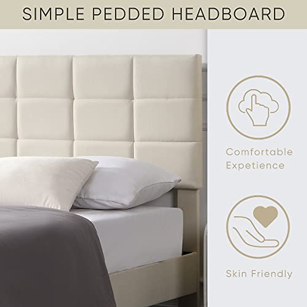 MWrouqfur Full Size Platform Bed Frame with Fabric Upholstered Headboard and Wooden Slats, No Box Spring Needed/Easy Assembly, Beige