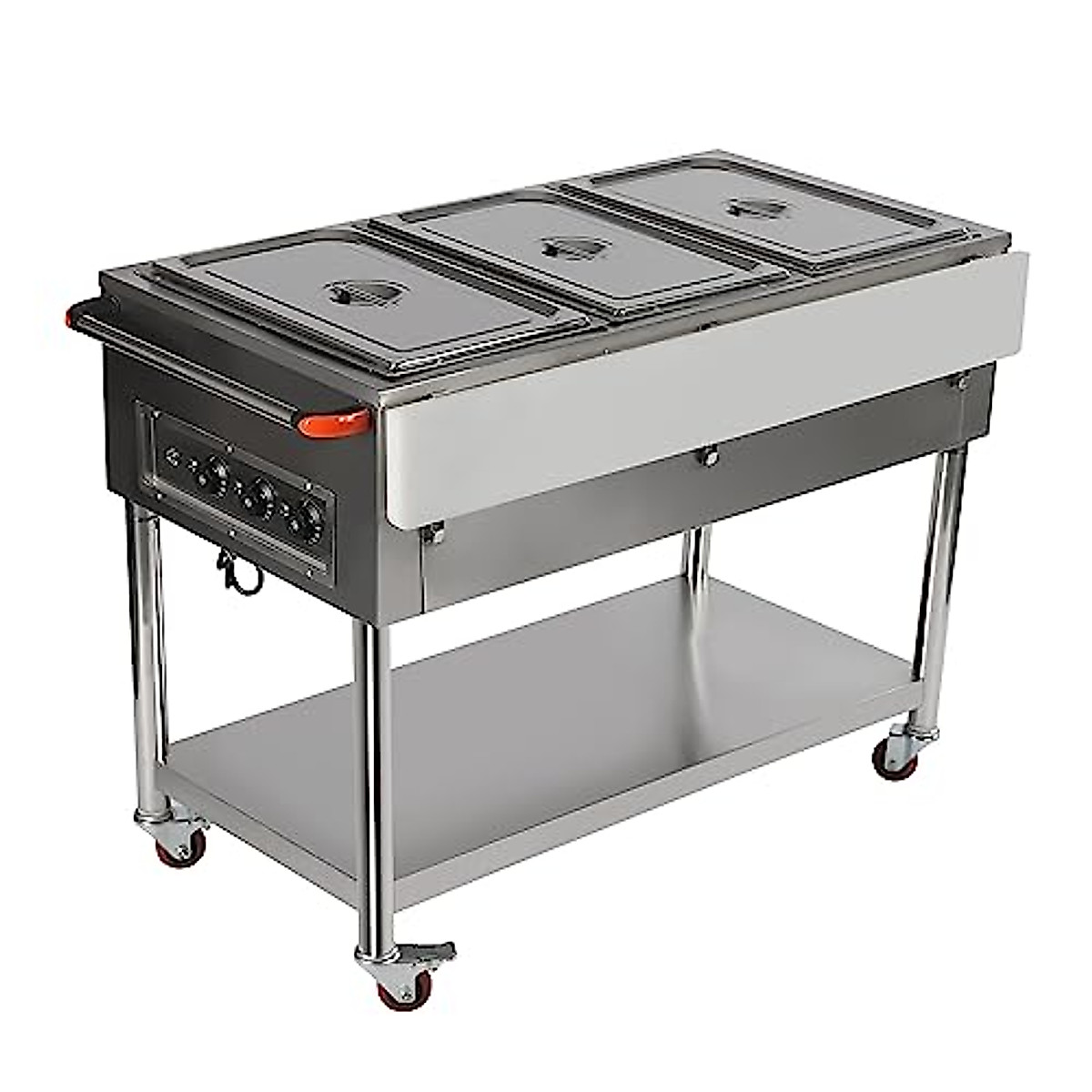 3-Pot Commercial Electric Food Warmer, Team Table Food Warmer 0-100℃ w/ 2 Lockable Wheels, Professional Stainless Steel for Steam Table Food Warmer Catering and Restaurants (3-Pot)