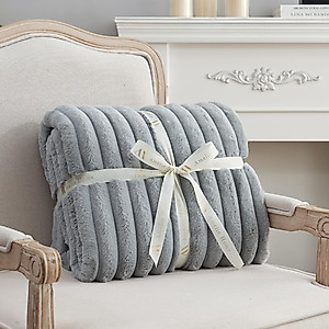 Amélie Home Soft Faux Fur Throw Blanket for Couch, Warm Luxurious Faux Rabbit Fur Striped Throw Blanket, Cozy Fluffy Plush Fur Blanket for Sofa Chair Bed Living Room, Light Grey, 50"x 70"