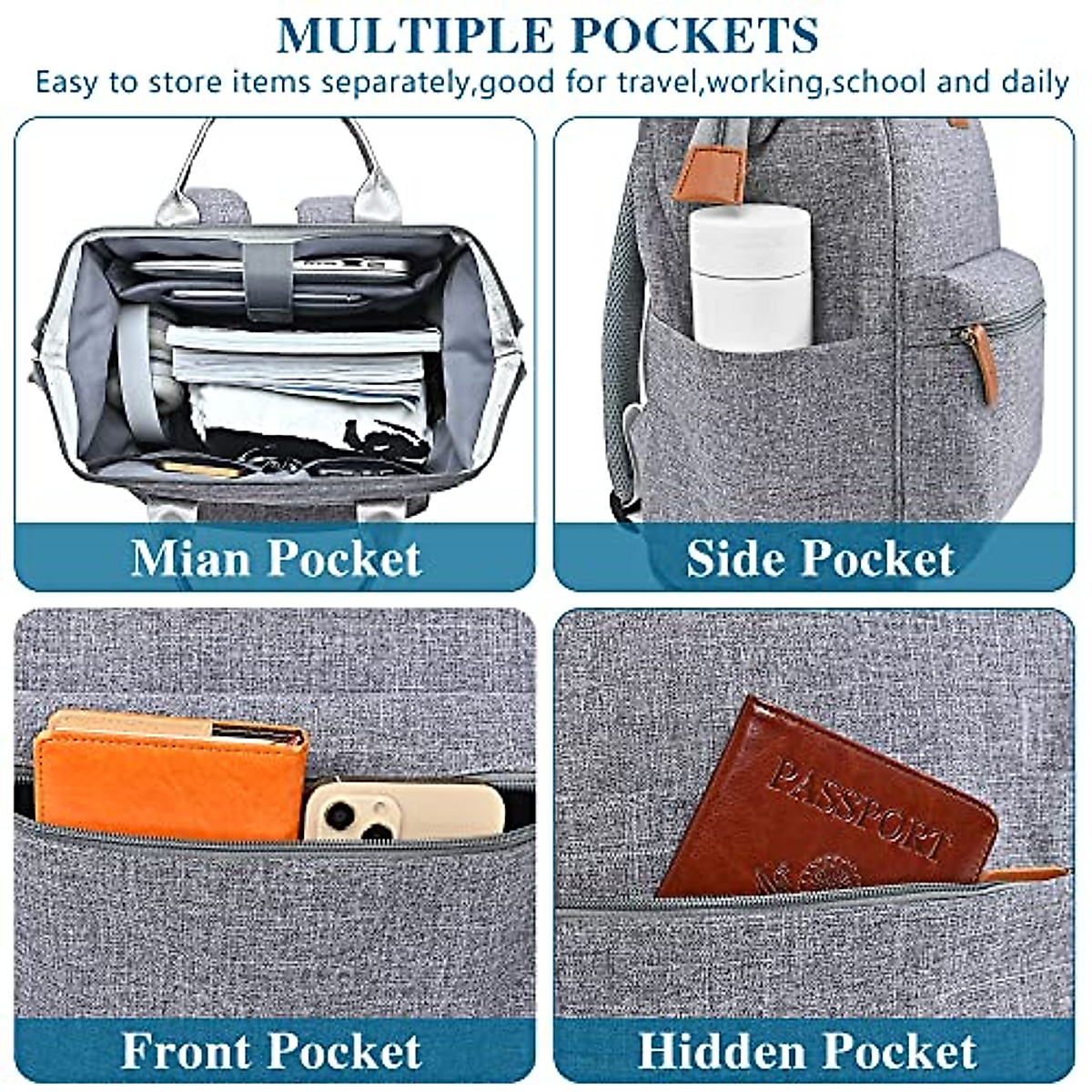 UTOTEBAG Laptop Backpack for Women, Bag Set Backpack for 15.6inch Computer with USB Charging Port, Water Resistant College Nurse Backpack Set with Makeup Bag Lunch Bag for Work/Business/Travel, Gray