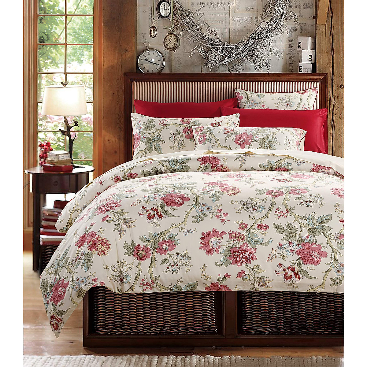 Brandream Eastern Floral Chinoiserie Blossom Print Duvet Quilt Cover King Size Asian Style Botanical Tree Branches Ornamental Drawing 800TC Egyptian Cotton 3pc Bedding Set Peony (King)