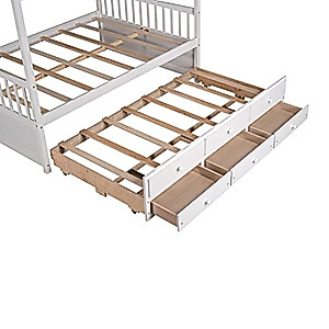 BIADNBZ Full Size House Platform Bed with Trundle and 3 Storage Drawers, Solid Wood Bedframe for Kids Teens w/Wooden Slats Support, No Box Spring Needed, Easy Assembly, White