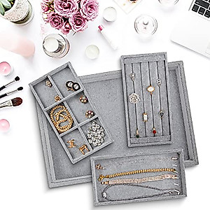Houseables Jewelry Tray Organizer, Stackable Accessories, Storage, 13.8"x 9.5", Grey, 4 Pcs, Earring Box, Adjustable Drawer Insert, Velvet Ring Holder, Bracelet & Necklace Display, Cufflink Case