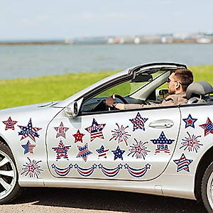 Whaline 24Pcs Patriotic Refrigerator Magnets 4th of July Stars Fireworks Refrigerator Magnetic Stickers Stars and Stripes Magnetic Decals for Independence Day Fridge Metal Door Cabinets Mailbox Decor