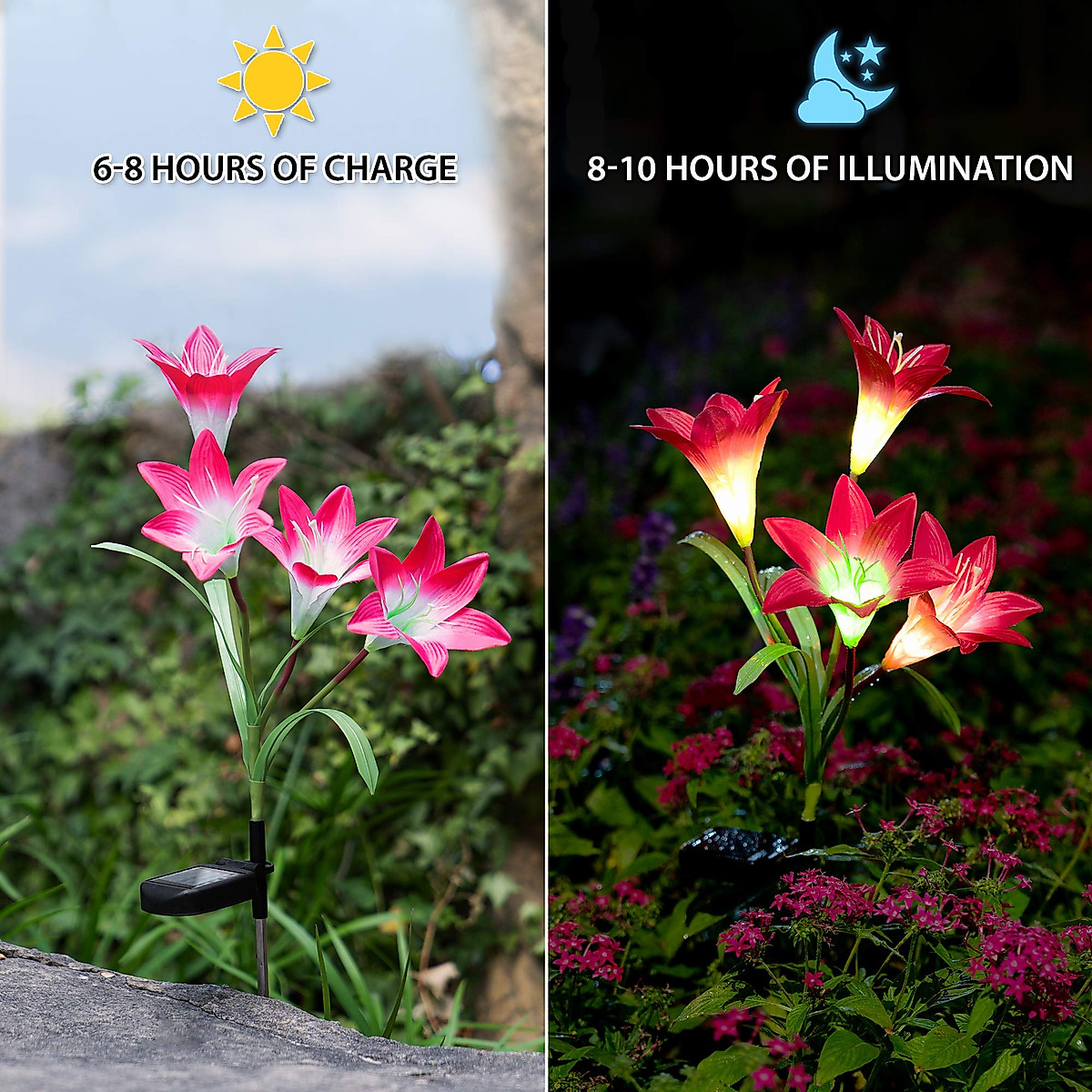 GIGALUMI Solar Flower Gift, Gifts for mom, 8 Solar Lily Flower, Solar Landscape Light, Birthday Gifts for Family and Friends, Grandma Gifts, Mother's Day Gifts,(1 Purple, 1 Red