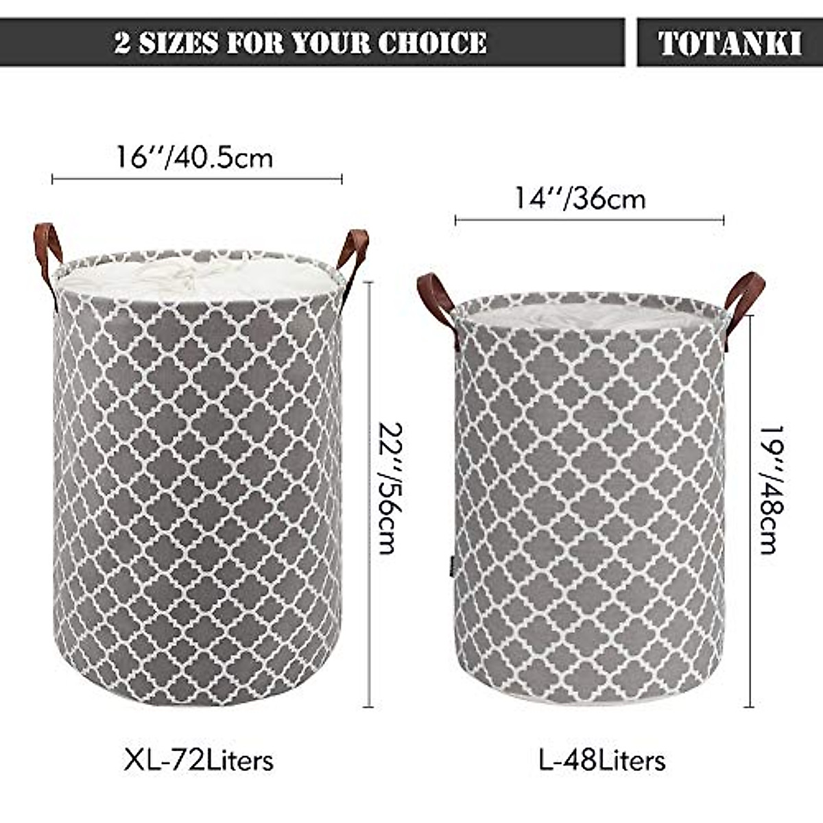 TOTANKI 48L Thickened Large Sized Laundry Basket with Durable Leather Handle, Drawstring Round Cotton Linen Collapsible Storage Basket,Dirty Clothes Hamper for Bedroom (Gray, L)