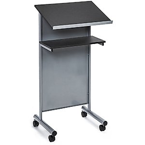 Audio-Visual Direct Wheeled Lectern Podium - Standing Desk with Storage Shelf - Silver/Black - Ideal for Presentations and Laptop Use