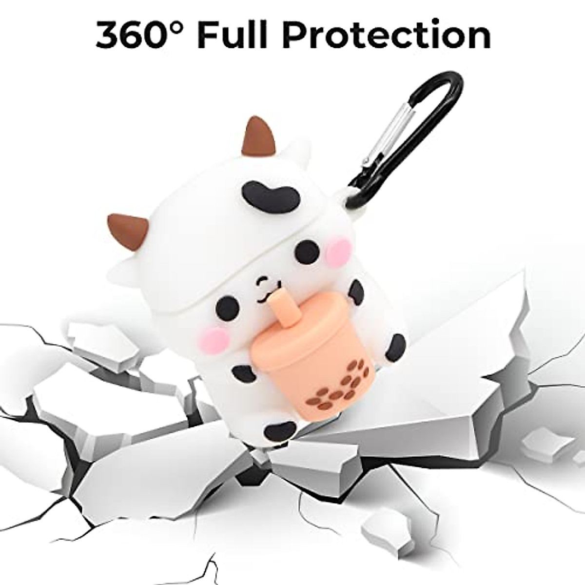 Mouzor Cute Airpods Case, Airpods 2 Case, Boba Tea Cow Funny 3D Cartoon Animal Case, Soft PVC Full Protection Shockproof Charging Case Cover with Carabiner for Airpods 1st Generation, 2nd Generation