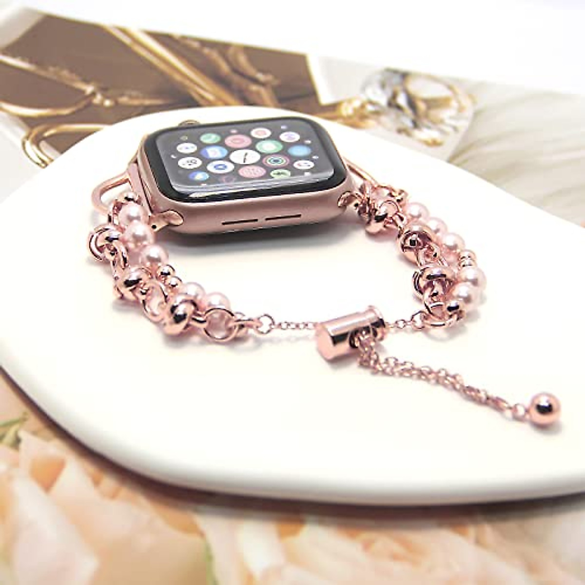 Maymosa Beaded Bracelet Compatible for Apple Watch Band Series Ultra Se 8 7 6 5 4 3 2 1 Pearl Stainless Steel Metal Handmade Beaded Strap 38mm 40mm 41mm, Adjustable Replacement Strap for Women