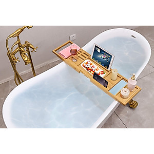 YCOCO Bathtub Tray,Expandable Bamboo Luxury Bath Tray for Tub,with Book Stand and Soap Dish,Tablet Holder,Wine Glass Slot