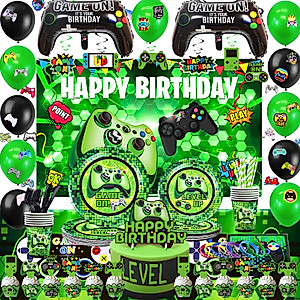 Green Gamer Birthday Party Decoration - 217Pcs Video Game Gaming Party Supplies For Boys Birthday Party - Backdrop, Table Cover, Plates, Cups, Napkins, Utensils, Hanging Swirls, Cupcake Topper, Cake