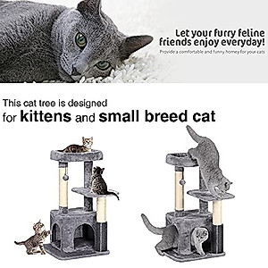 GIOPACO Cat Tree Small Cat Tower, Kitten Activity Centre with 2 Sisal Cat Scratching Posts/Condo/Padded Plush Perches/2 Platforms/Self Groomer Brush Post/Swinging Ball, for Kittens Cats (Dark Grey)