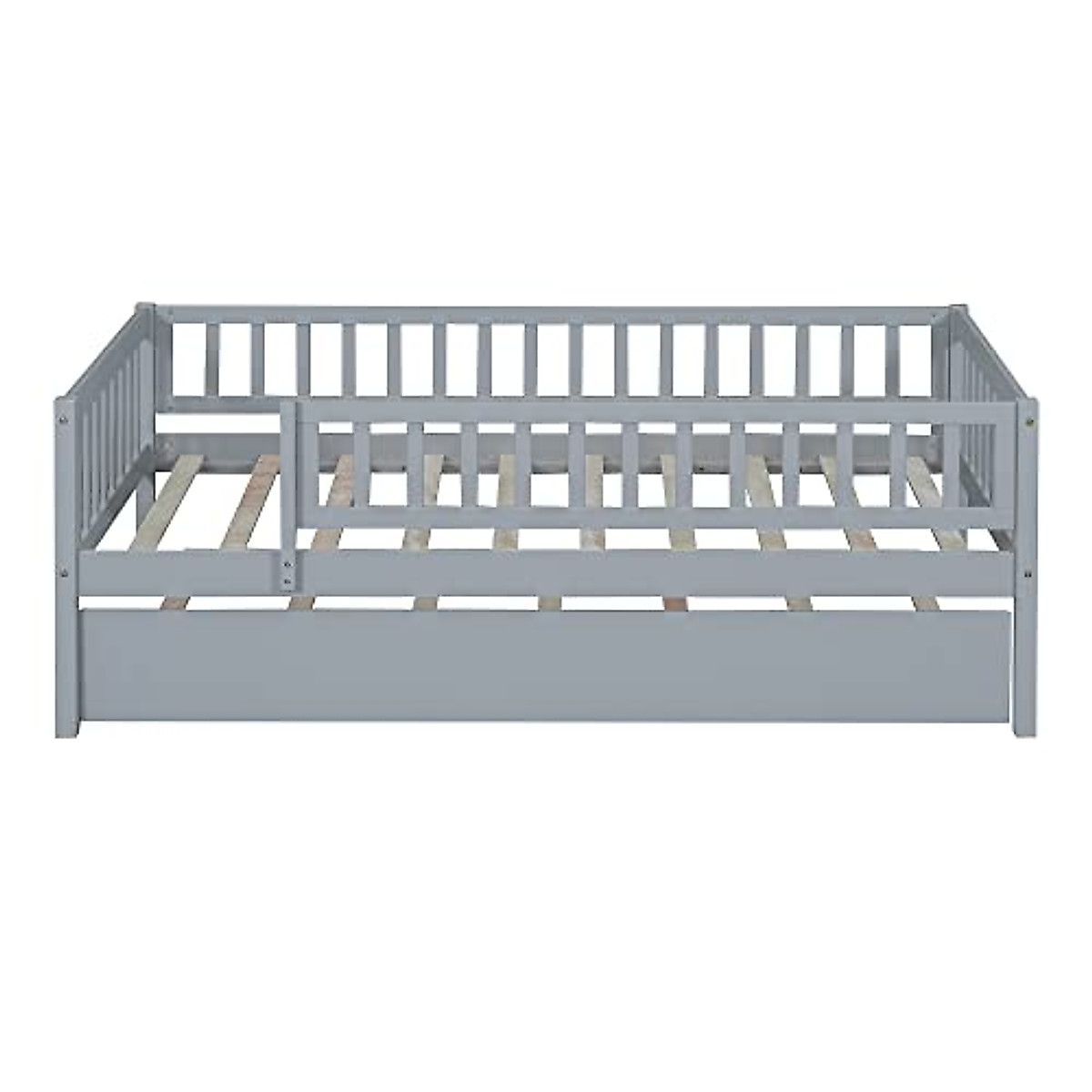 RORIGAT Wooden Daybed, Twin Size Bed Frame with Trundle and Fence Guardrails for Kids Teens Adults, Wood Slat Support, No Box Spring Needed, Easy Assembly,Gray