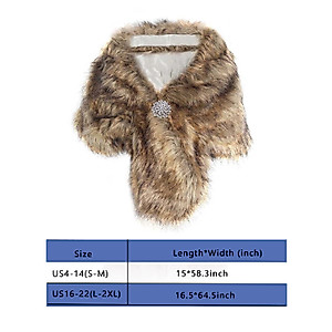 Aukmla Women's Brown Faux Fur Shawl Wedding Fur Wraps and Shawls Bridal Fur Stoles Scarf with Rhinestones Brooch for Bride and Bridesmaids (A-Brown, US 4-14 (S-M))