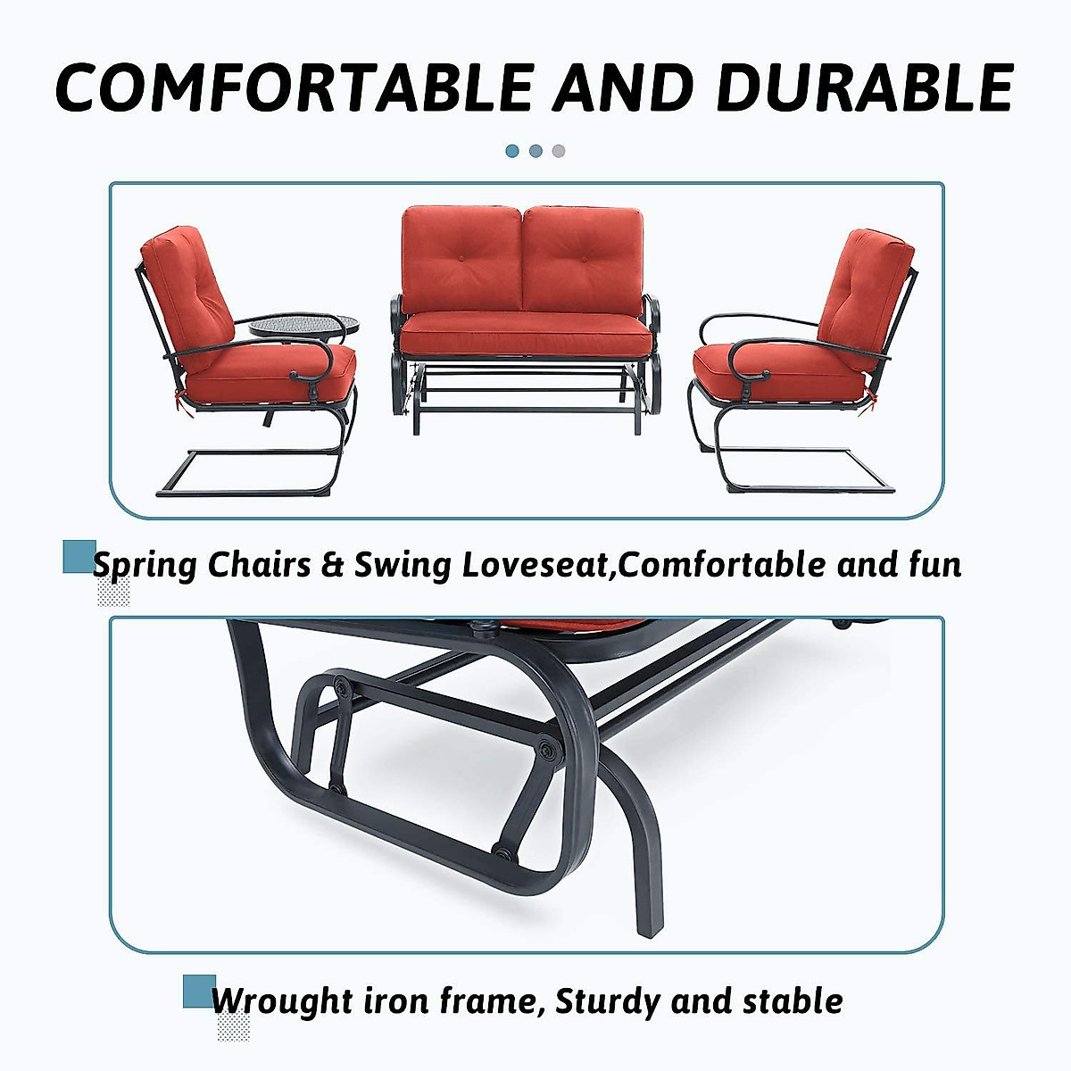 Crownland Outdoor Furniture Patio Conversation Set (Loveseat, Coffee Table, 2 Spring Chair) Metal Frame Wrought Iron Look with Cushions (Red)