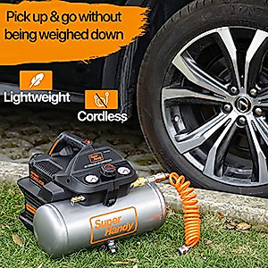 SuperHandy Portable Air Compressor, 2 Gal, 135 PSI, Li-on Battery Operated, 60db Ultra Quiet & Lightweight - For Air Tools, Tire Inflation, & Construction