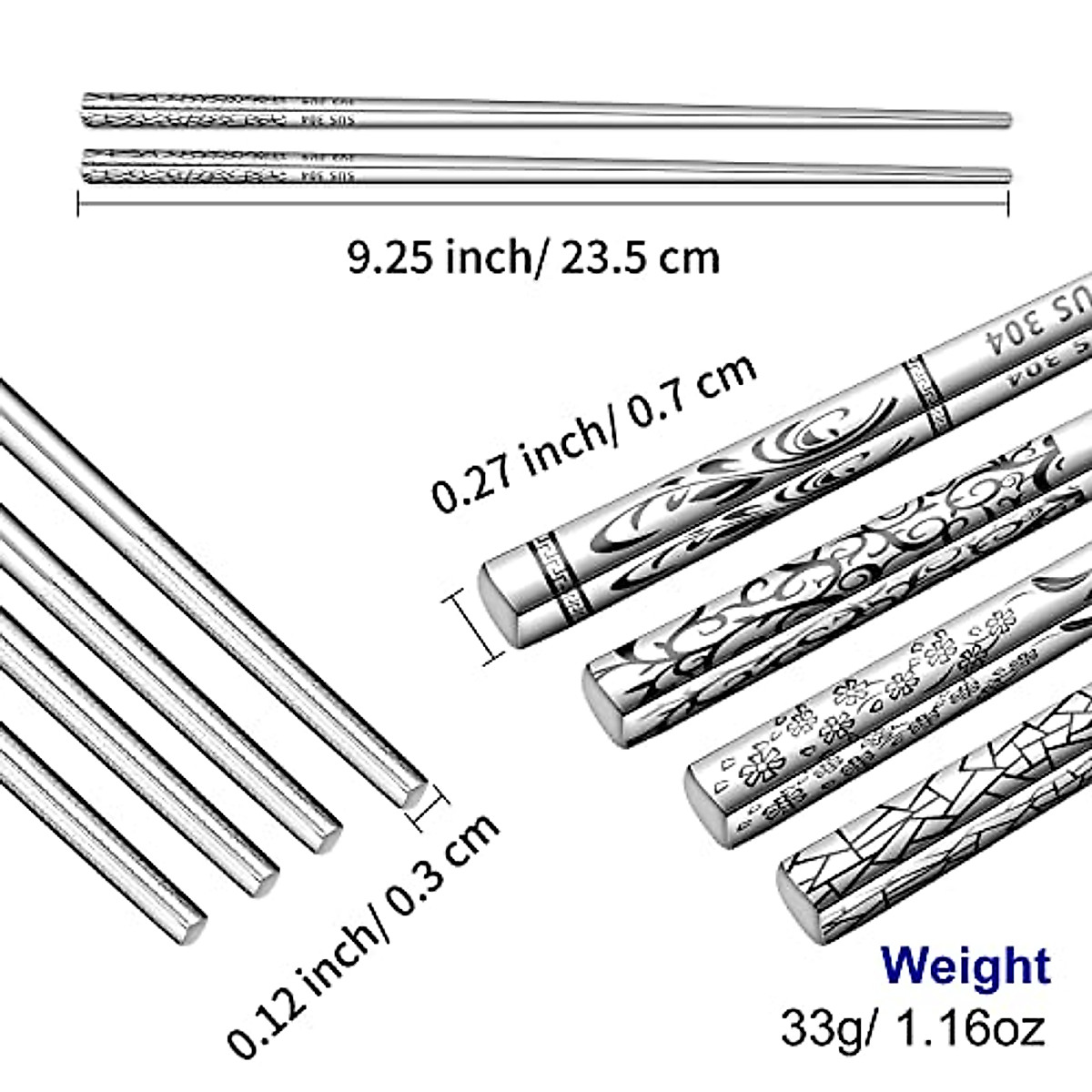 Tvkiadv Metal Chopsticks 5 Pairs Stainless Steel Reusable Chopsticks Laser Engraved Square Lightweight Non-Slip Chop Sticks Gift Set Dishwasher Safe for Cooking