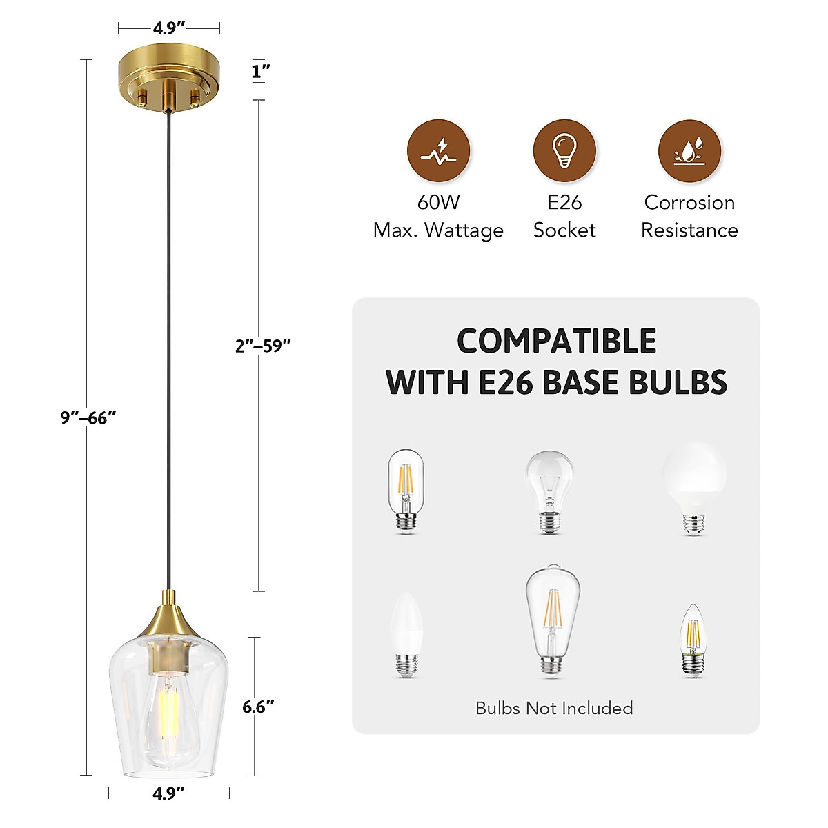 VONLUCE Pendant Light Kitchen Island, Brushed Gold Pendant Light Fixture with E26 Base & Adjustable Cable, Modern Pendant Lighting with Glass Shade for Living Room Bedroom Hallway