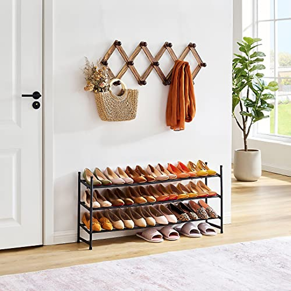 Tajsoon Expandable Shoe Rack Organizer, 3 Tier Adjustable Metal Iron Shoe Shelf, Shoe Storage Organizer for Closet Bedroom Entryway, Black