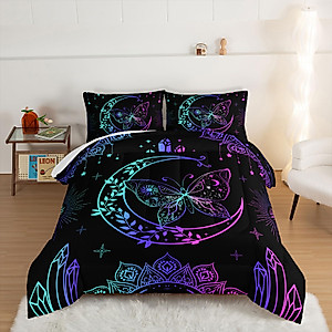 HOSIMA Butterfly Comforter Set 3-Piece with 2 Pillowcases, Black Boho Mandala Comforter Bedding Set for Girls' Twin Bed in a Bag