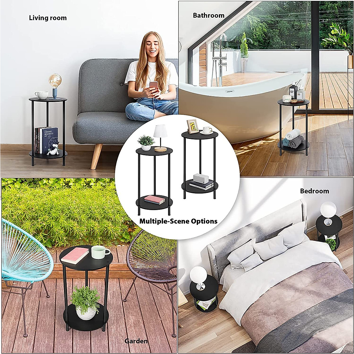 SEHERTIWY Small Round Side Table, 2 Tiers Farmhouse End Tables, Set of 2 Accent Tables for Small Spaces, Night Stands for Bedrooms Living Room, Coffee Tables with Storage Shelf, Black