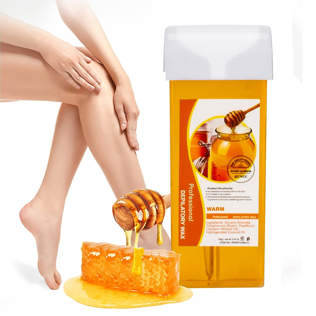 Honey Roll-on wax,Body Hair Removal Wax Cartridge,Depilatory Wax Roller,Roll-On Refillable Depilatory Heater Wax,for Normal & Sensive Skin, Body,Legs Self Waxing,for Professional or Home