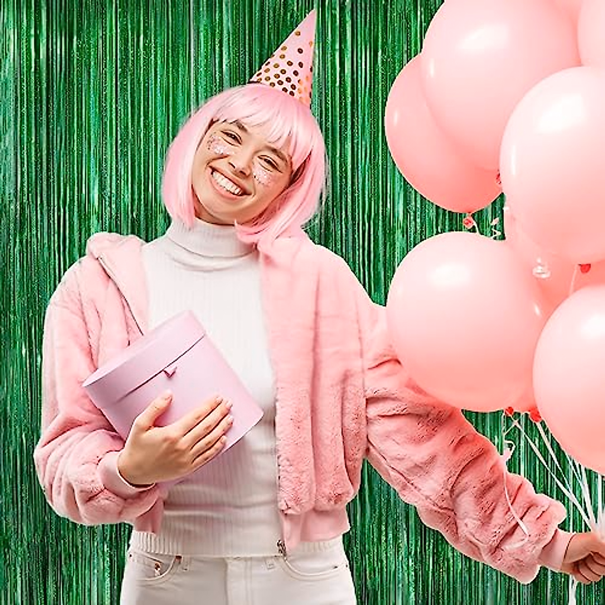 Green Party Streamers 2Pack Foil Fringe Curtains 3.3 x 8.3ft Door Streamers Metallic Tinsel Curtain New Year Party Decors Glitter Streamers Decors Photo Booth Tinsel Streamers Birthday Party Decors