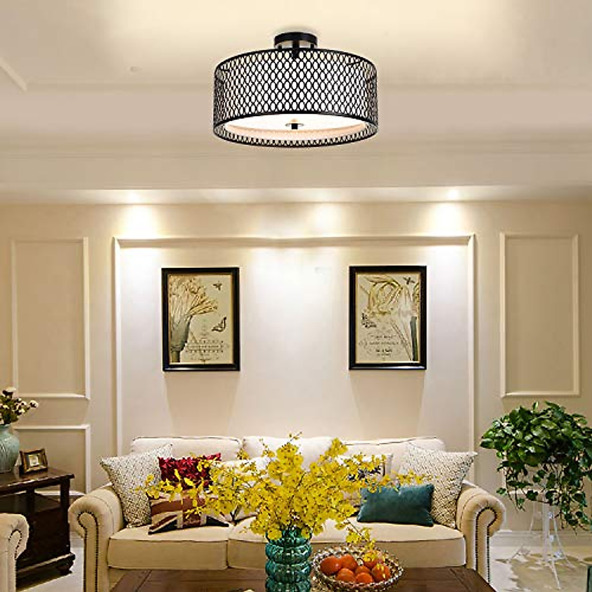 Ludil 17" Semi Flush Mount Ceiling Light Fixture, Modern 3-Light Black Durm Close to Ceiling Lighting with Metal Mesh Cage & Bottom Reflective Glass for Living Room Bedroom Kitchen Hallway Entryway