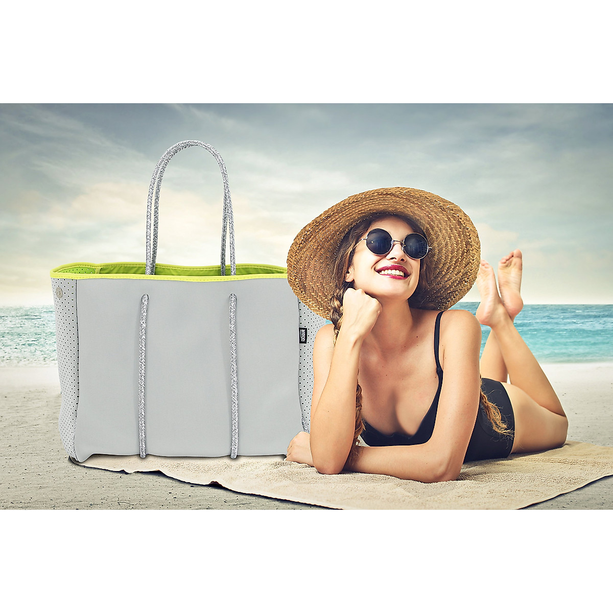 QOGiR Neoprene Multipurpose Beach Bag Tote with Inner Zipper Pocket (Light Grey, X-Large)