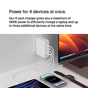 Belkin 140W 4-Port GaN Wall Charger, Multi-Port Charger Block w/USB-C Power Delivery Fast Charge & USB-A Port for Apple MacBook, iPhone 15 Series, iPad Pro, Samsung Galaxy S24, Google Pixel, & More