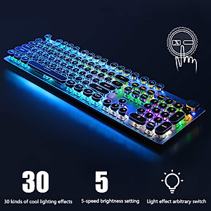 Mechanical Keyboard LED Backlit Retro USB Keyboard -Blue Switch - Retro Style and Round Keycaps -104 Keys Vintage Steampunk Gaming Multimedia Macro Program Keyboard (Black)