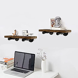 Home TZH Wall Mounted Floating Shelves, Floating Shelves with Industrial Pipe Brackets Set of 2 Rustic Wood Storage Shelf for Bedroom Living Room Bathroom Kitchen Office and More (2, Brown)