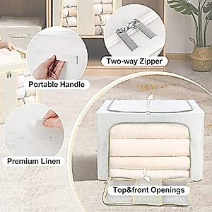 Elegeet 3Pack 66L Storage Bins with Metal Frame - Foldable Linen Fabric Storage Box With Handles And Transparent Window Closet Organizers And Storage(Grey
